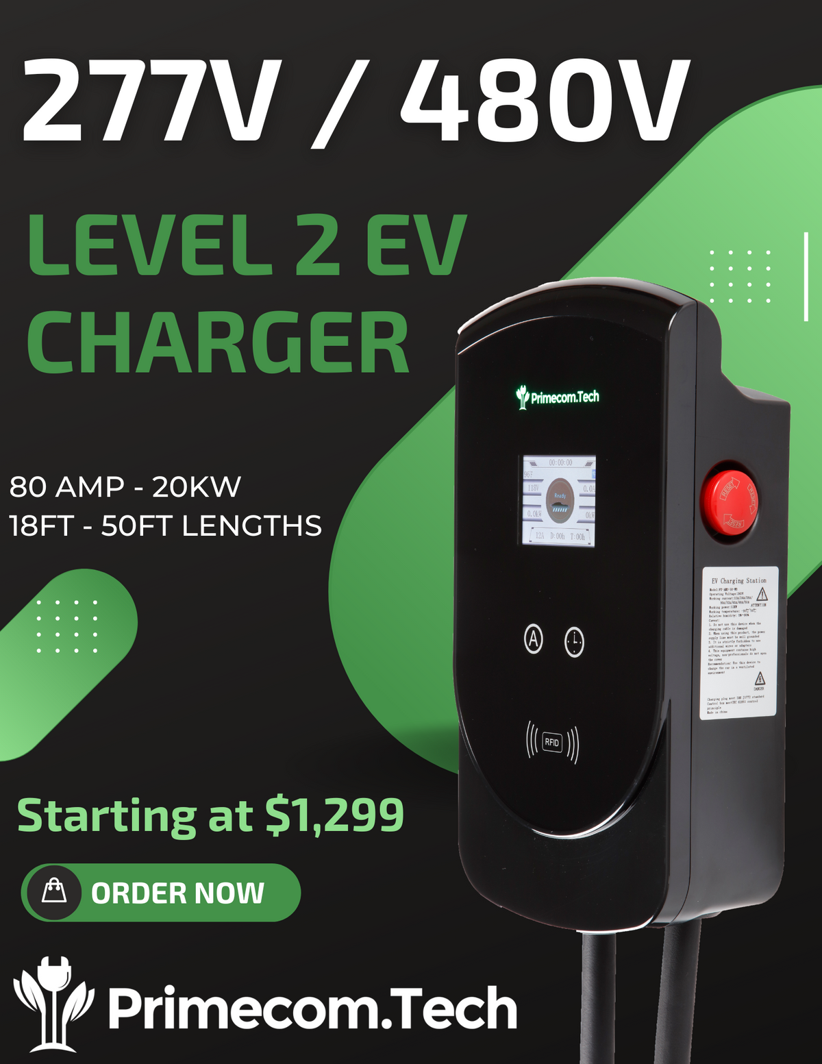 Tesla Compatible Charger PRIMECOM.TECH 50 Amp Level 2 EV Charger - 220V ...